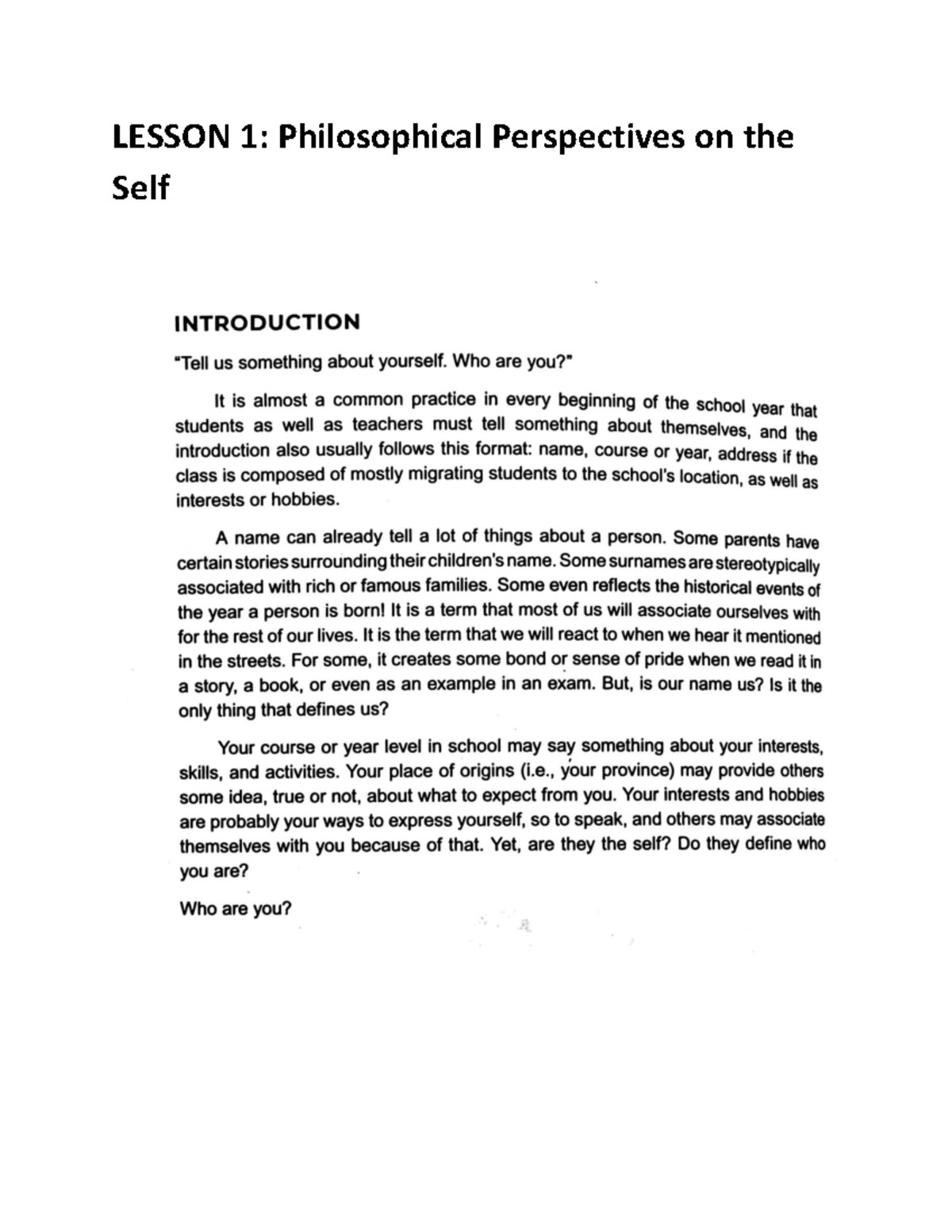 Understanding the Self - Lesson 1 and 2 - LESSON 1: Philosophical Perspectives on the Self ...