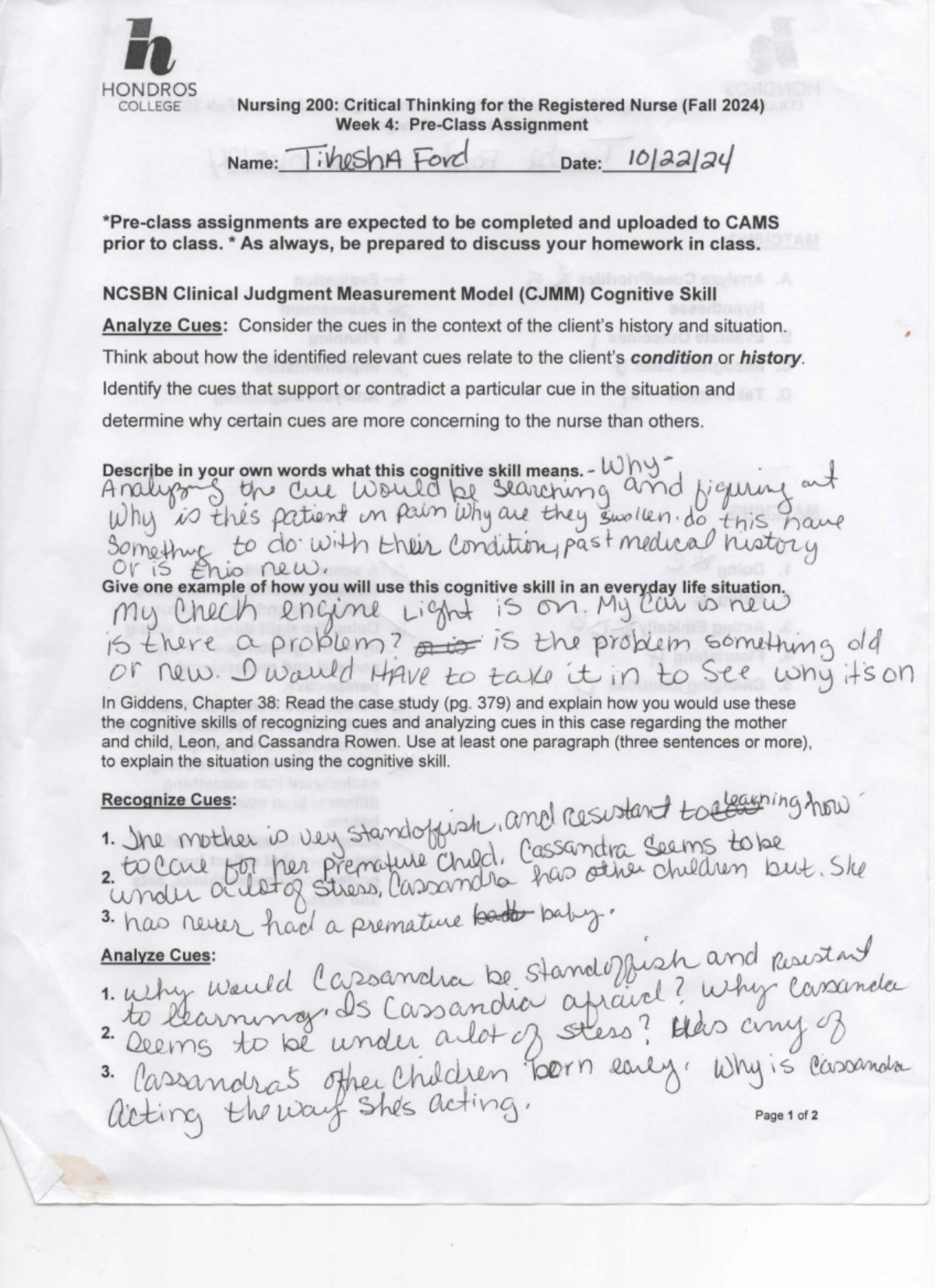 HONDROS COLLEGE Nursing 200: Week 4 Assignment on CJMM Analysis - Studocu