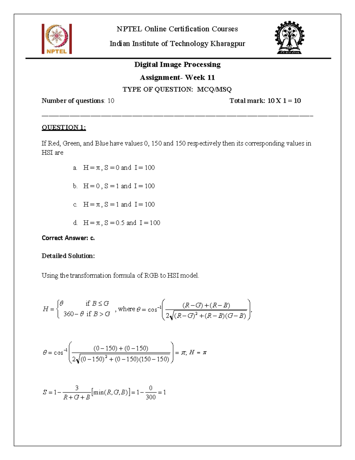 NPTEL IIT Kharagpur Digital Image Processing Assignment Week 11 - Studocu
