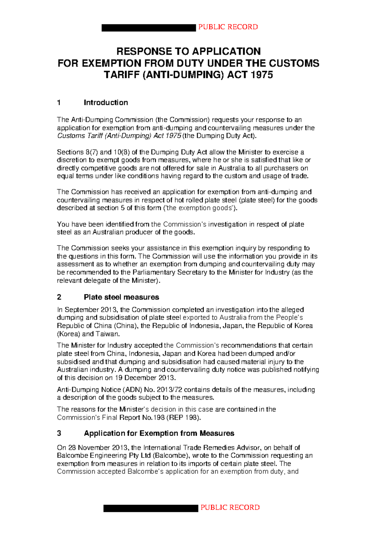 PUBLIC RECORD RESPONSE TO EXEMPTION APPLICATION UNDER CUSTOMS TARIFF ...
