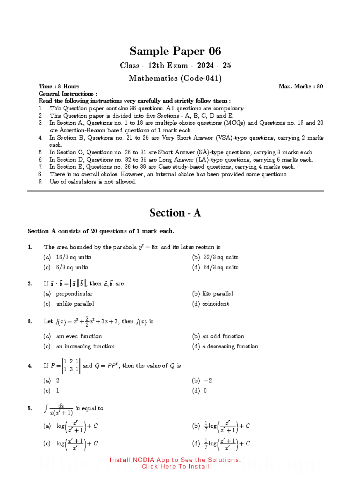 Math class 12 Sample Paper - Install NODIA App to See the Solutions ...