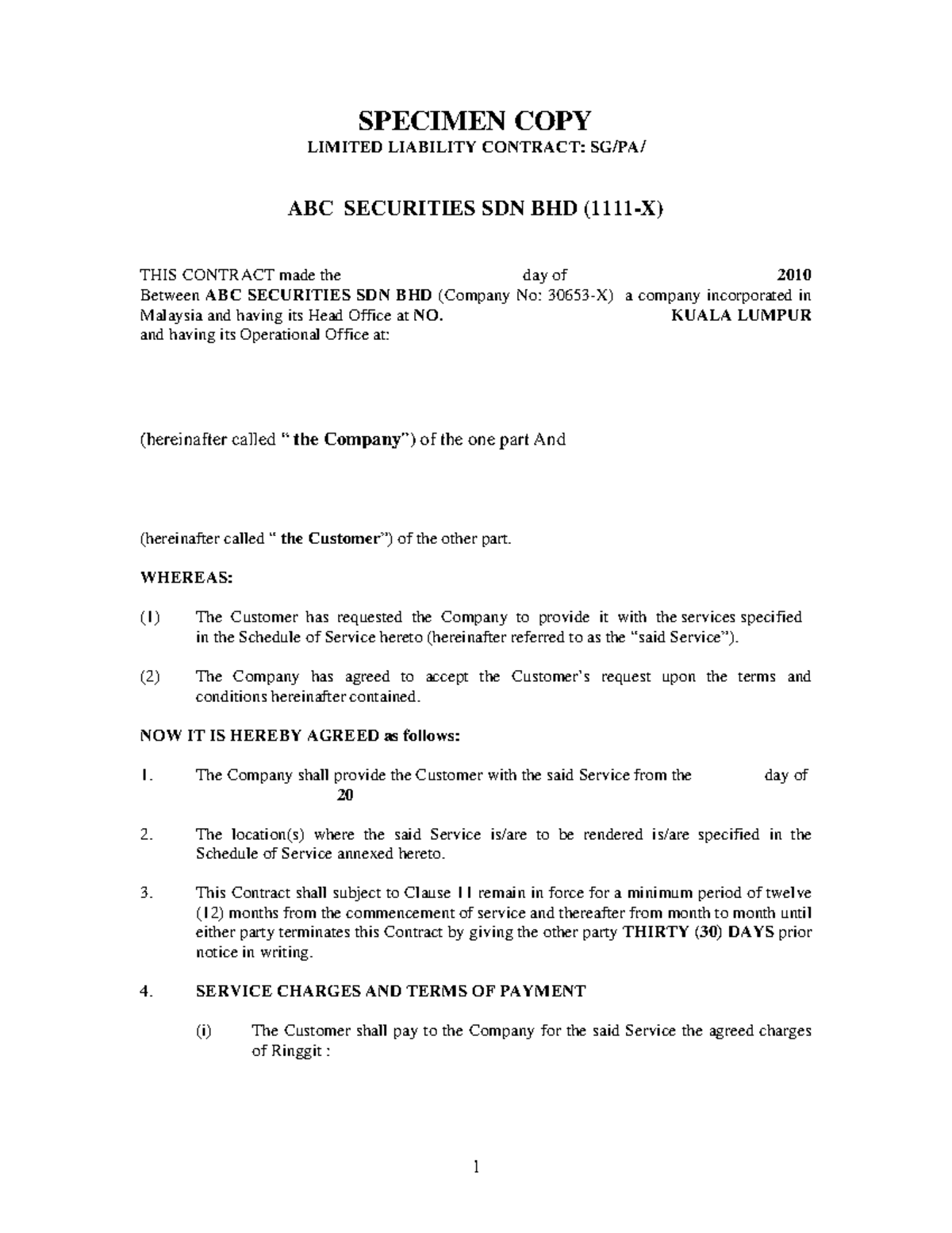 Security Guard Contract - SPECIMEN COPY LIMITED LIABILITY CONTRACT: SG ...