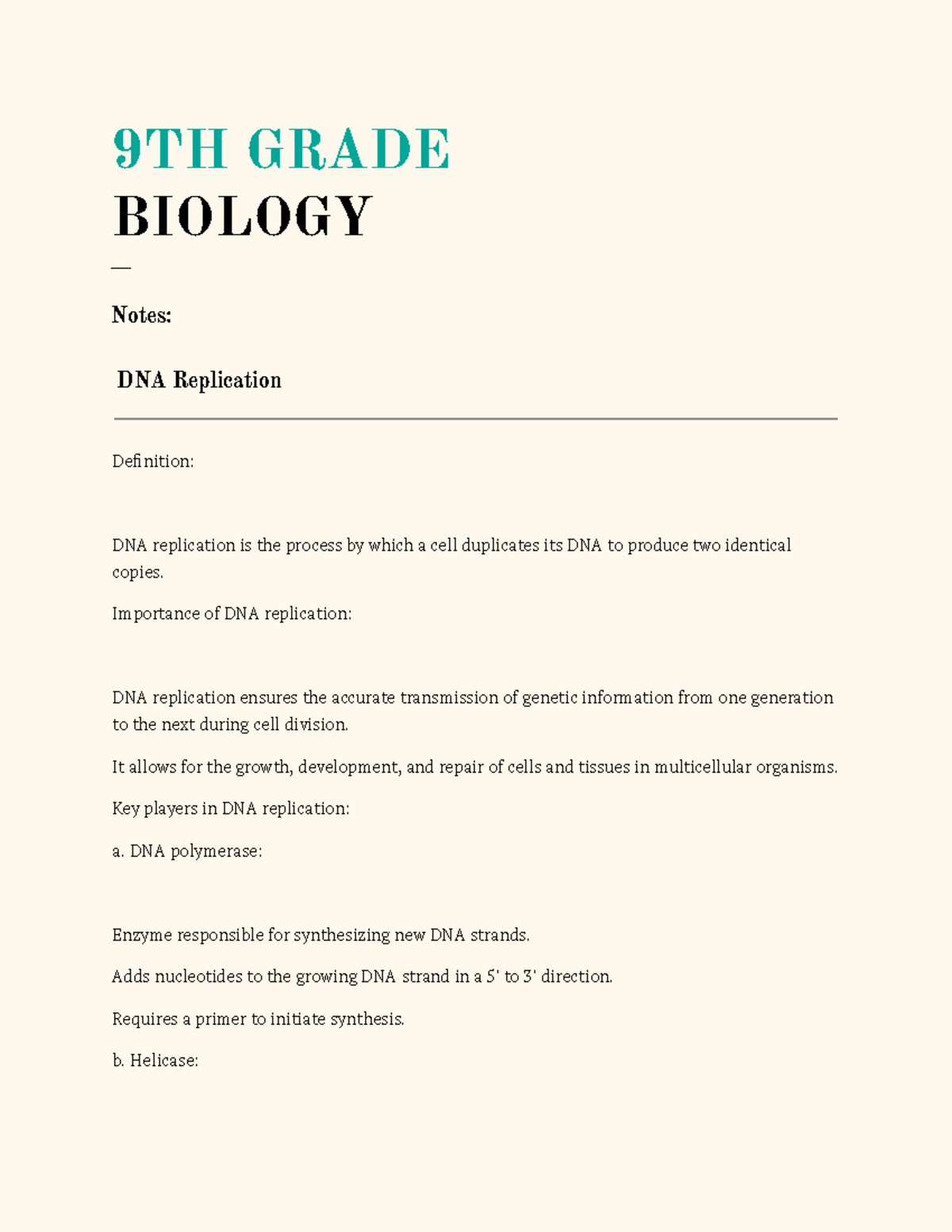 9TH GRADE BIOLOGY: DNA Replication Notes and Key Processes - Studocu