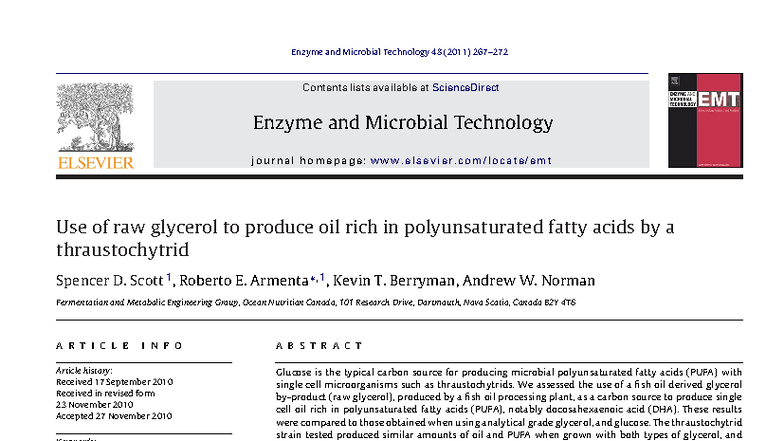 Use of Raw Glycerol for PUFA Oil Production by Thraustochytrids (ESENMT ...
