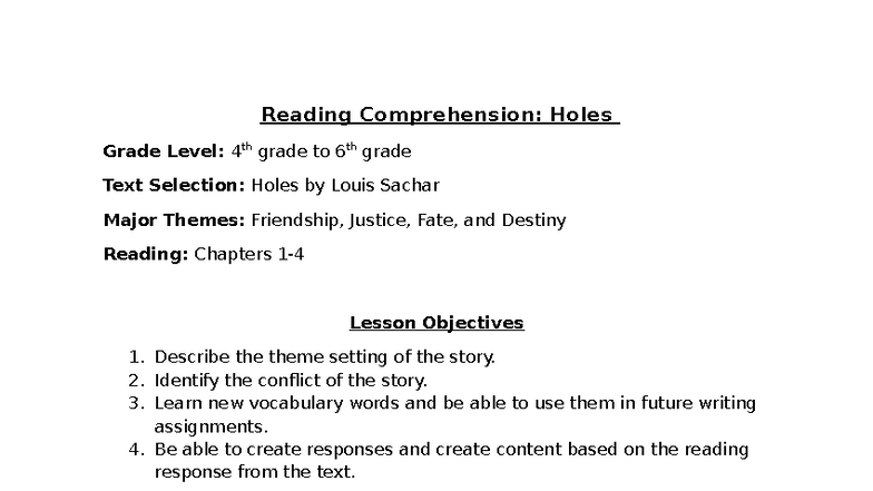 D670 Reading Comprehension: Holes Lesson Plan for Grades 4-6 - Studocu