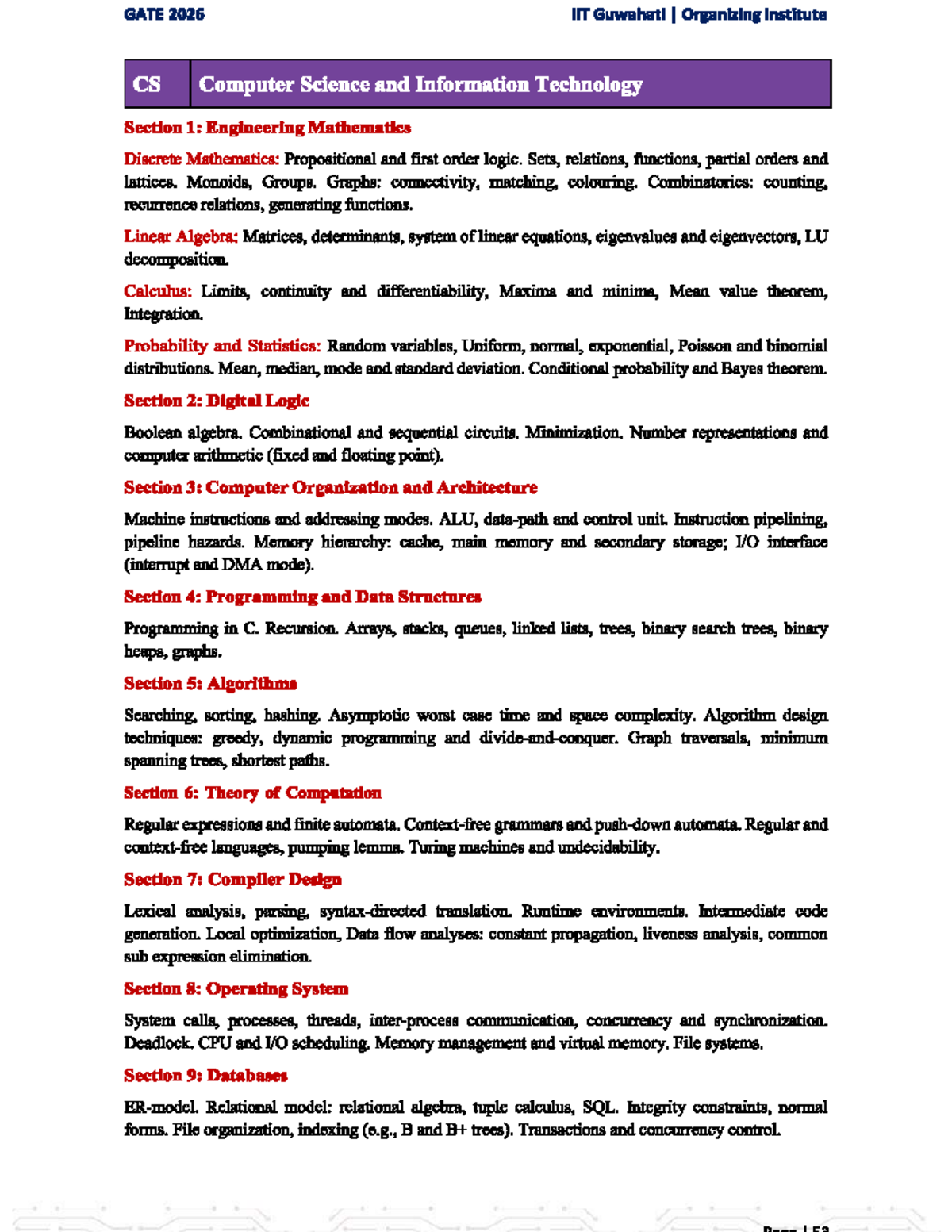 GATE 2026 Syllabus: CS & IT Engineering Mathematics to Databases - Studocu
