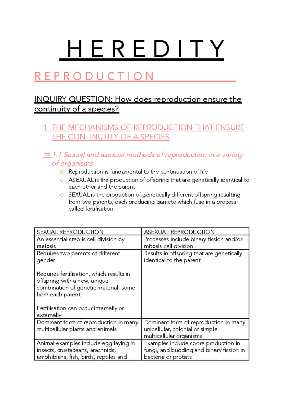 HEREDITY & REPRODUCTION: Mechanisms Ensuring Species Continuity - Studocu
