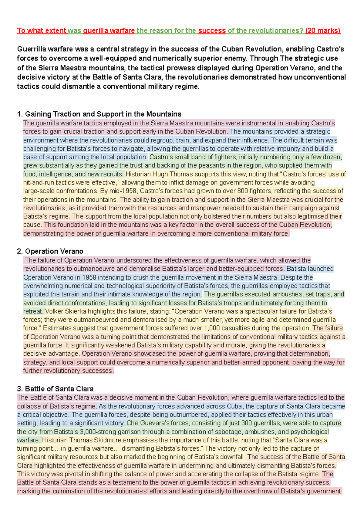 GCSE History Essay: The Role of Guerrilla Warfare in the Cuban ...