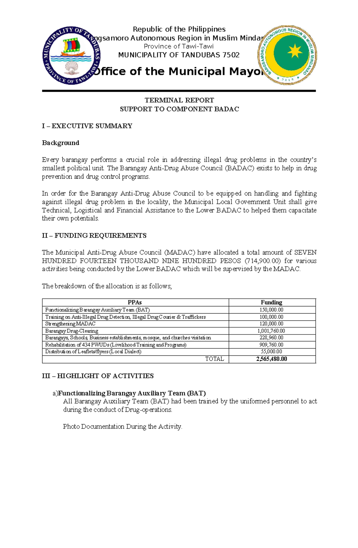Terminal Report: Support to BADAC in Tandubas, Philippines - Studocu