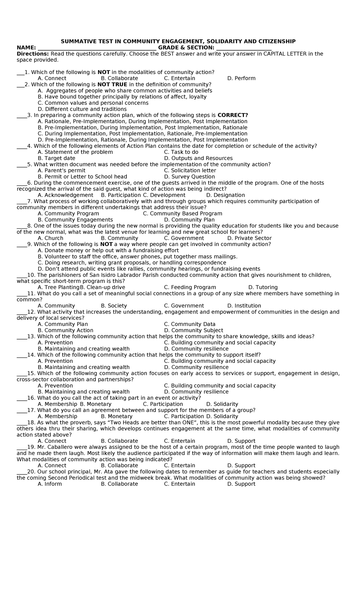 CESC 2ND QTR Summative TEST 2024-2025 - SUMMATIVE TEST IN COMMUNITY ...
