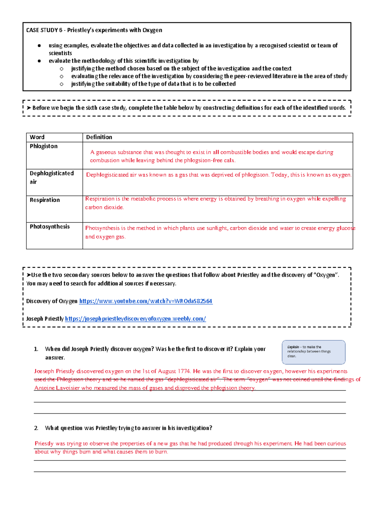 Case Study 6: Priestly's Experiments with Oxygen (Annotated Analysis ...