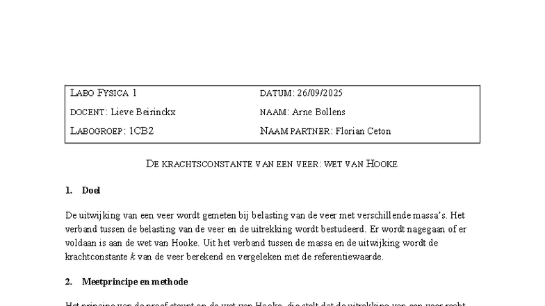 1CB2 Practica: De Krachtconstante van een Veer en de Wet van Hooke ...