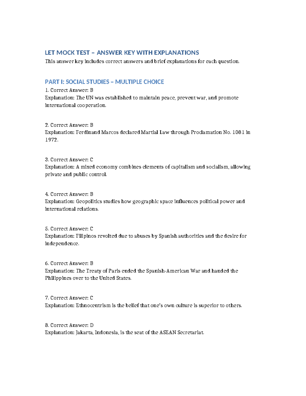 LET Mock Test Answer Key & Explanations for Social Studies & Prof Ed ...