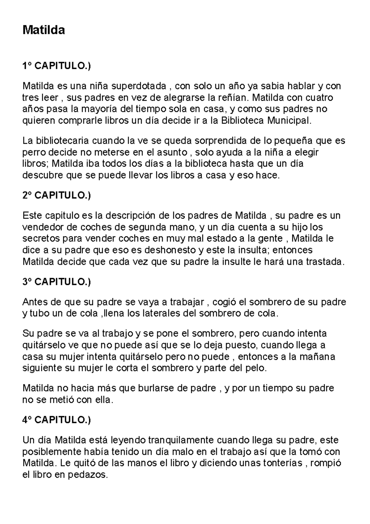 Resumen de "Matilda" - Análisis y Reflexiones sobre los Capítulos - Studocu