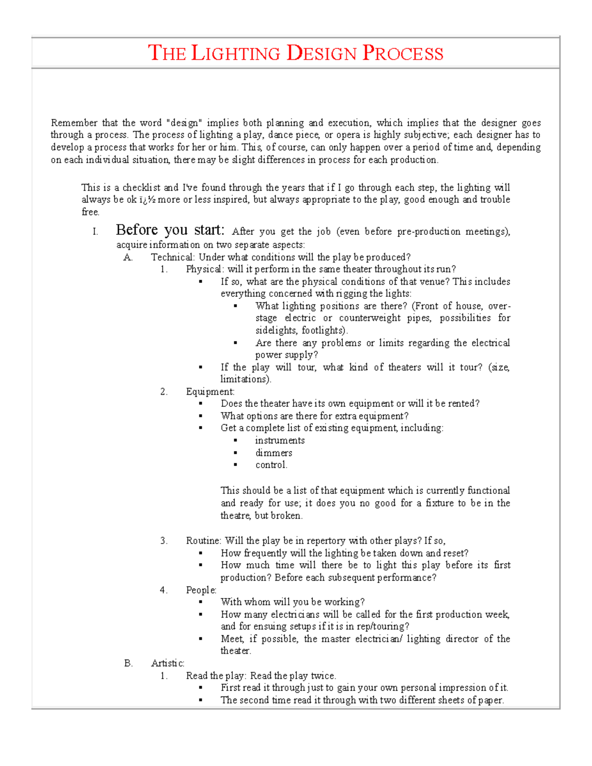 Lighting Design Process for Theatrical Productions (Course Code: DLT101 ...