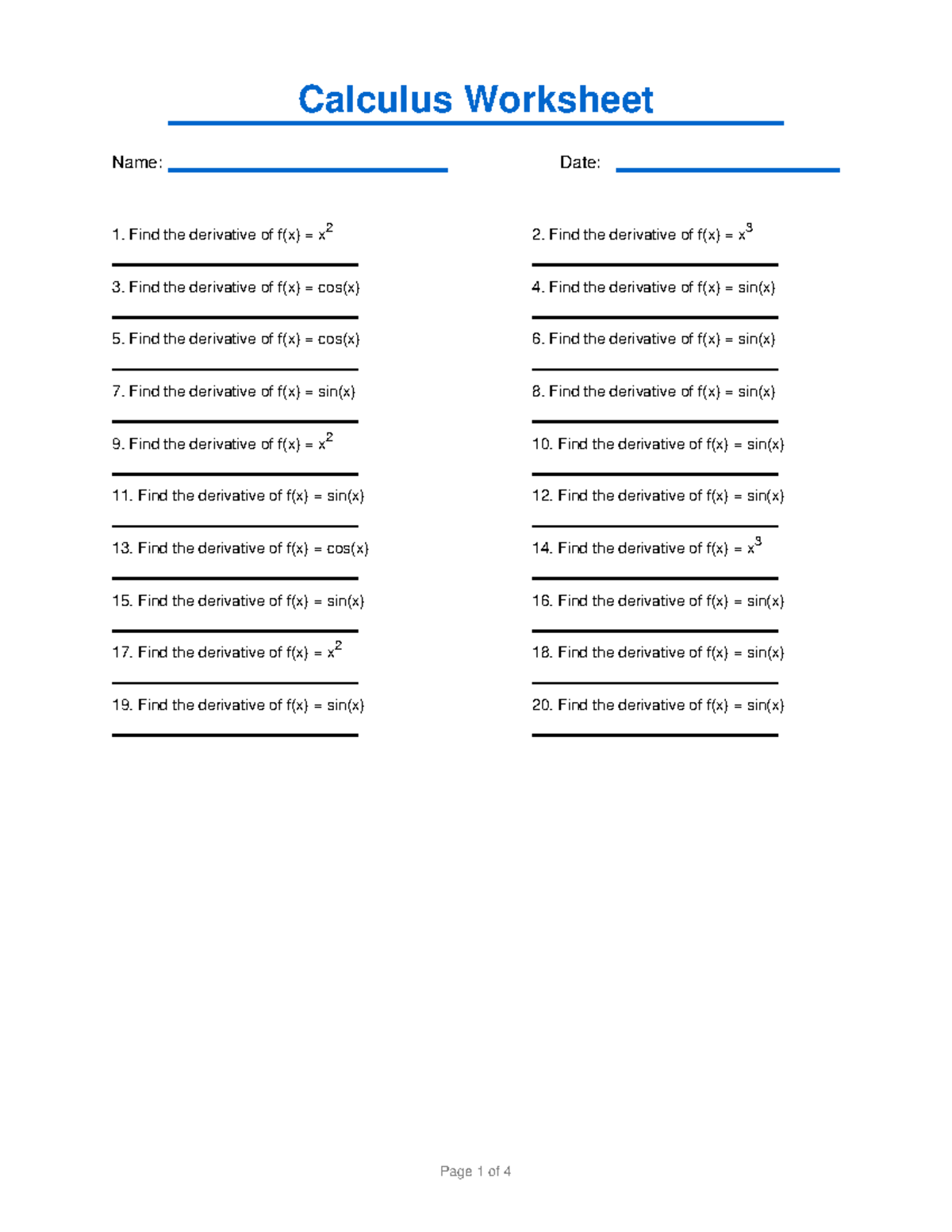 Calculus Worksheet 3: Derivatives Practice and Solutions - Studocu
