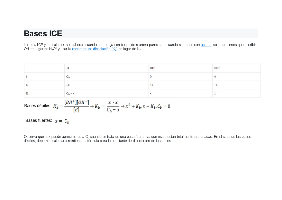 Bases ICE: Cálculos y Tabla para Bases Fuertes y Débiles - Studocu