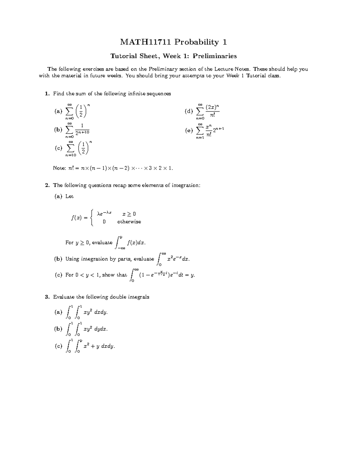 MATH11711 Probability 1 Week 1 Tutorial Sheet: Preliminaries - Studocu