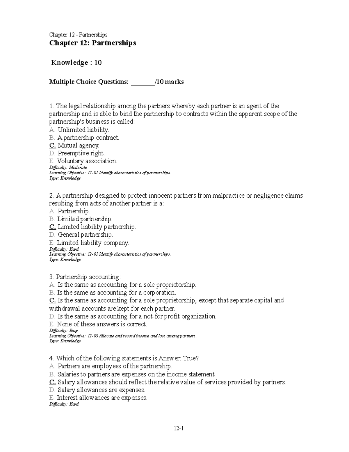 Chapter 12 Test Key - Understanding Partnerships and Accounting - Studocu