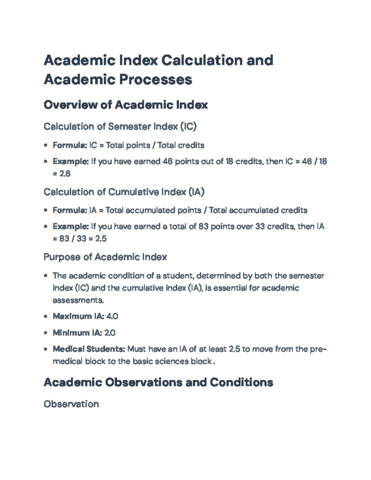 Academic Index (IC & IA) Calculation & Processes Overview - Studocu