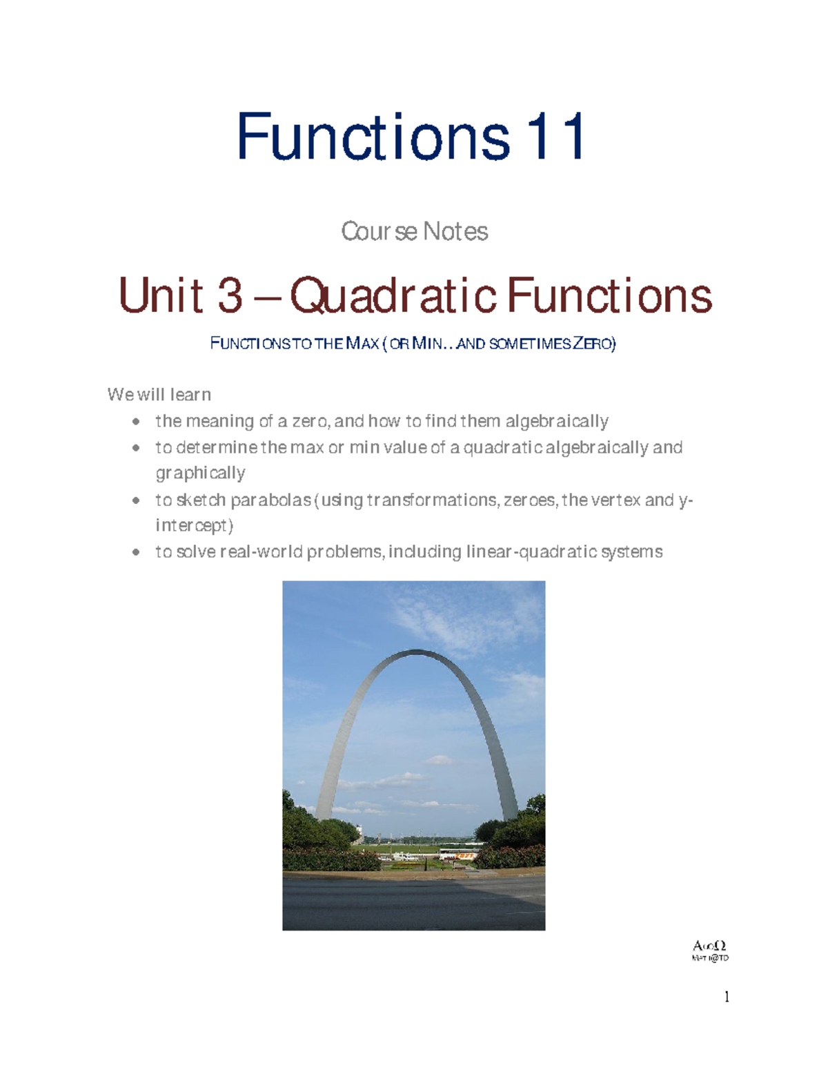 MCR3U Chapter 3 Quadratic Functions Course Notes - Studocu