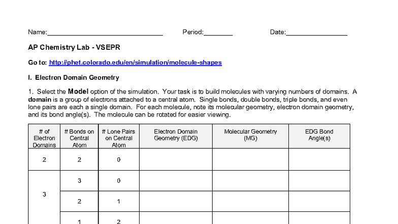 AP Chemistry Lab: VSEPR & Molecular Geometry - 2023 - Studocu