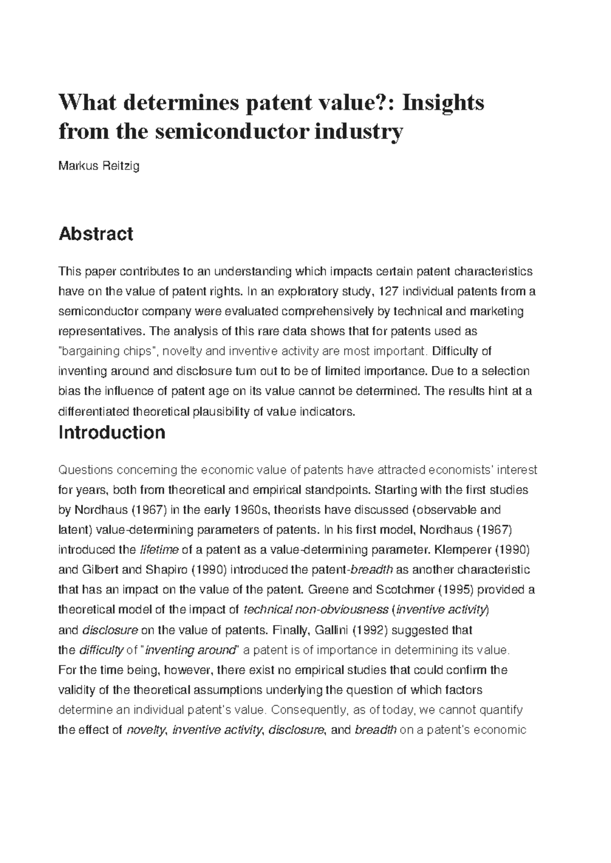 Patent Value Determinants: Insights from the Semiconductor Sector - Studocu