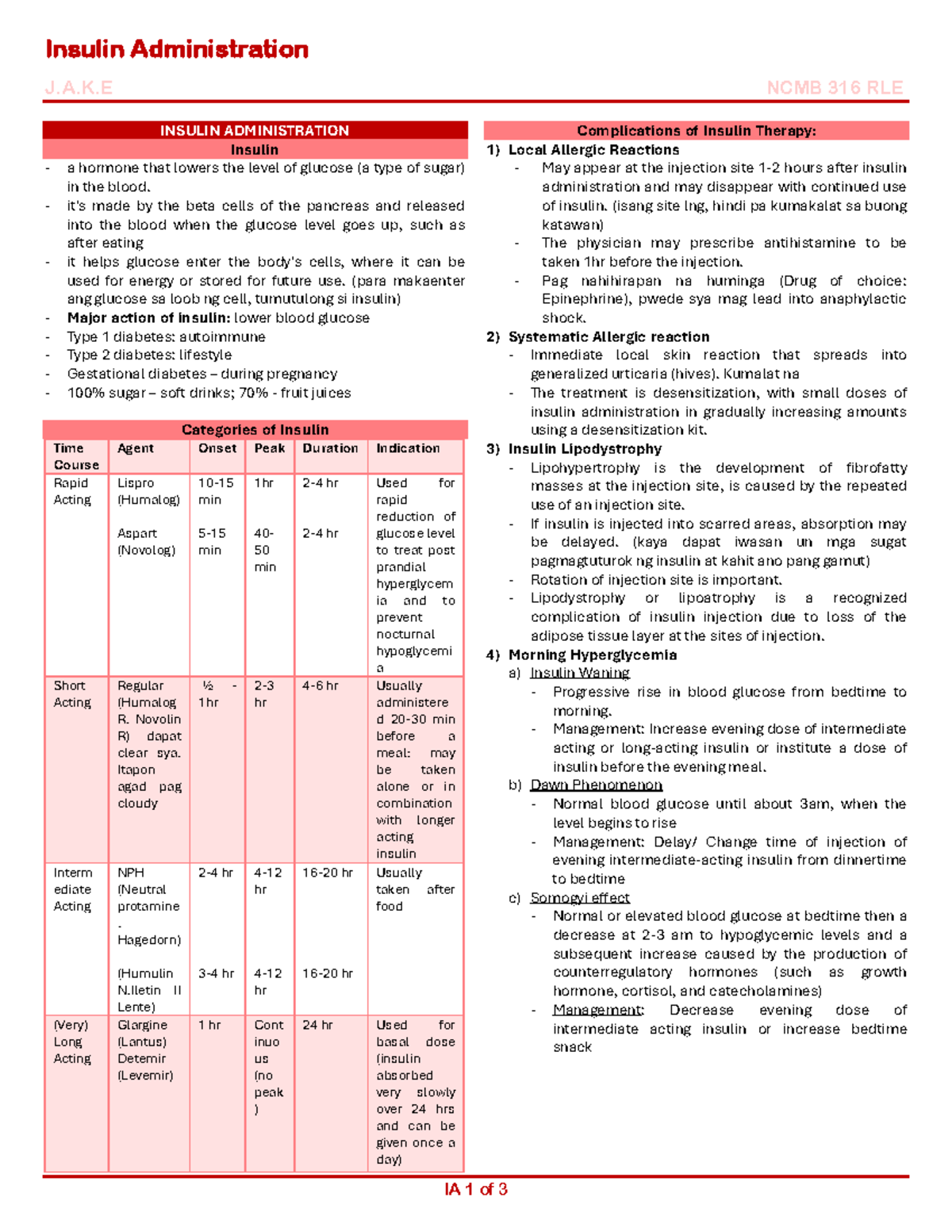 316 RLE - Comprehensive Guide to Insulin Administration - Studocu