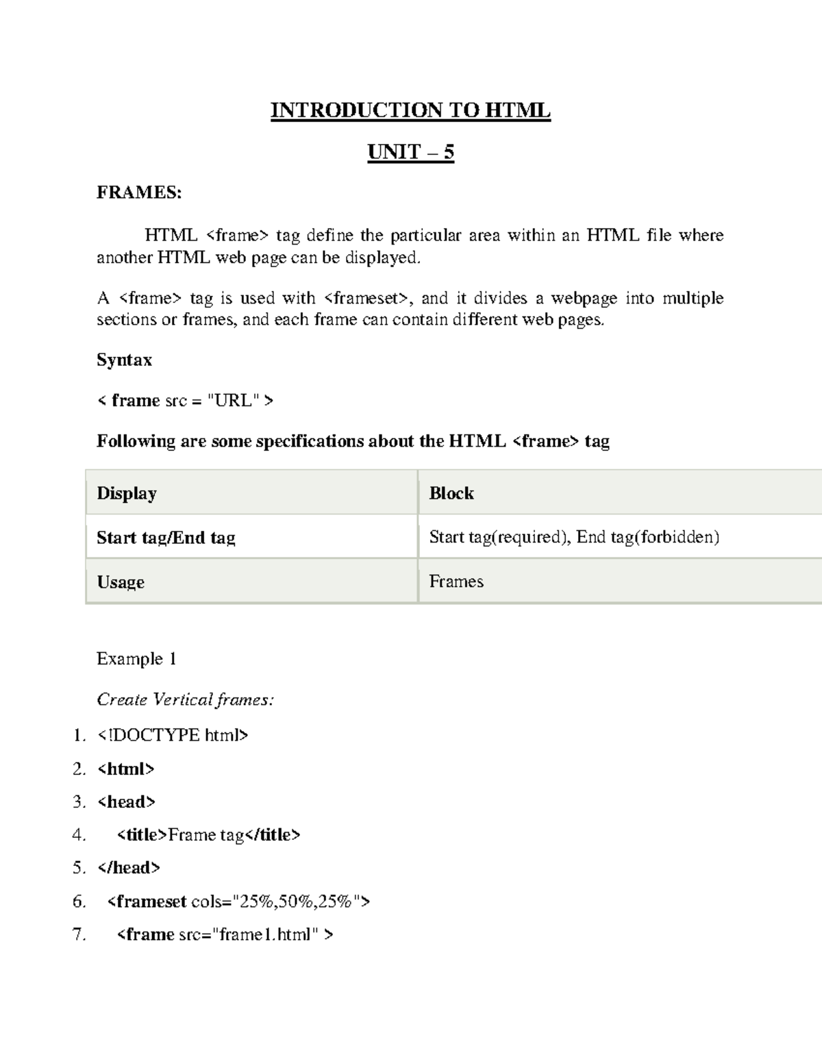 HTML UNIT 5: Understanding Frames and Forms in Web Development - Studocu