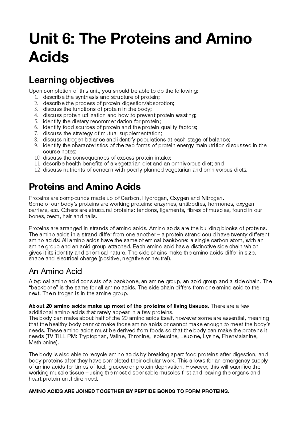 Proteins and Amino Acids - Notes - Unit 6: The Proteins and Amino Acids ...