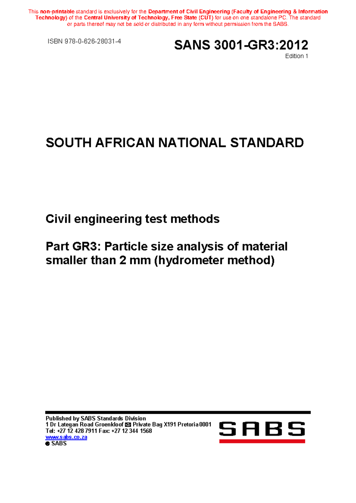SANS3001-GR3: Civil Engineering Methods - Particle Size Analysis - Studocu