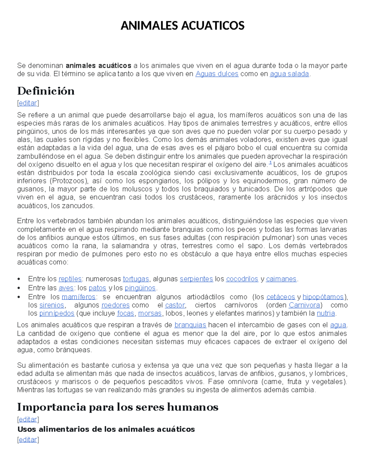 Informacion Sobre Animales Acuáticos: Tipos y Características - Studocu
