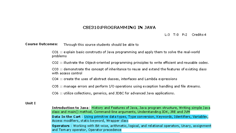 CSE310: Java Programming Course Overview and Key Concepts - Studocu
