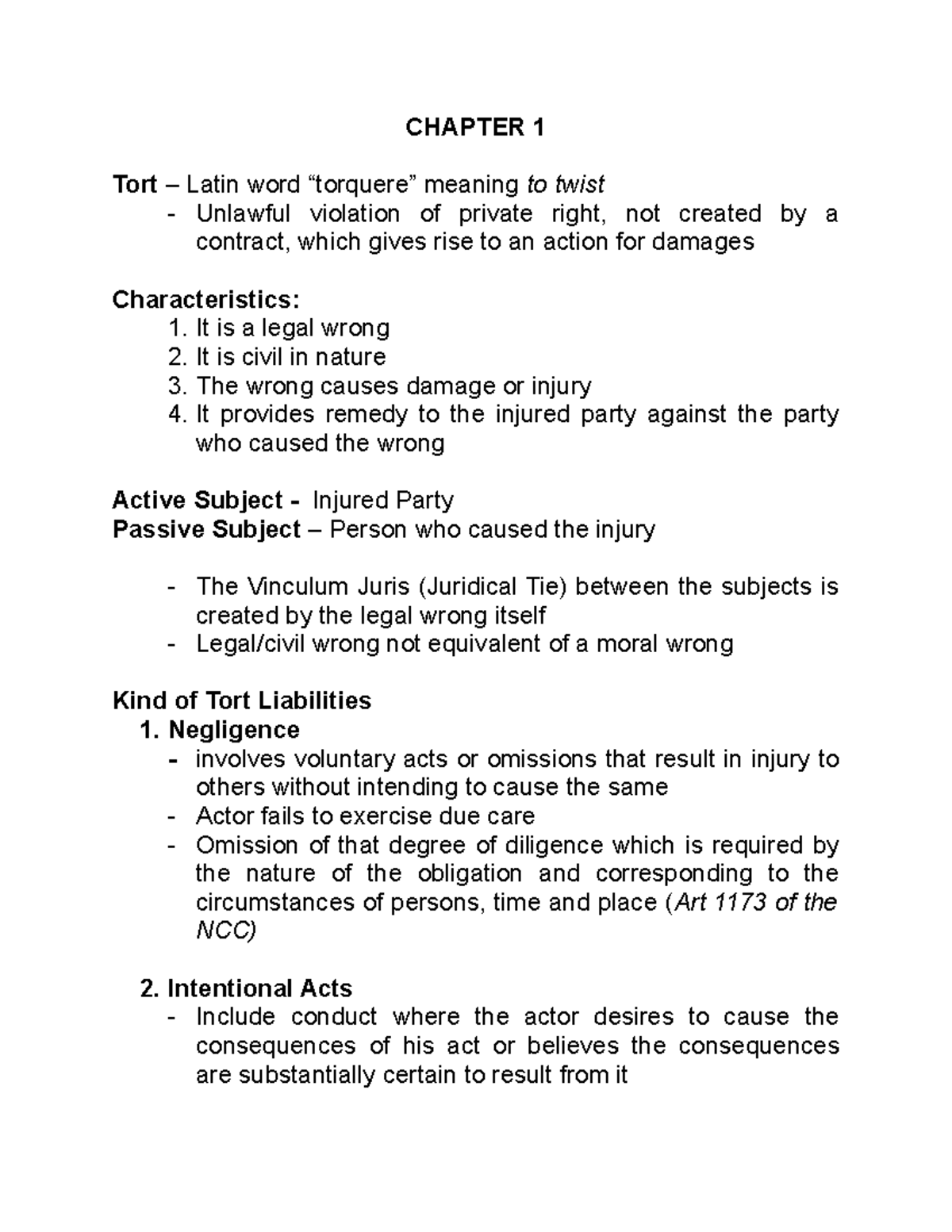 TORTS NOTES: Understanding Legal Wrongs and Negligence Concepts - Studocu
