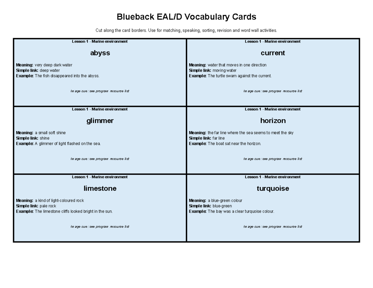 Blueback Vocabulary Cards: Lesson Activities and Definitions - Studocu