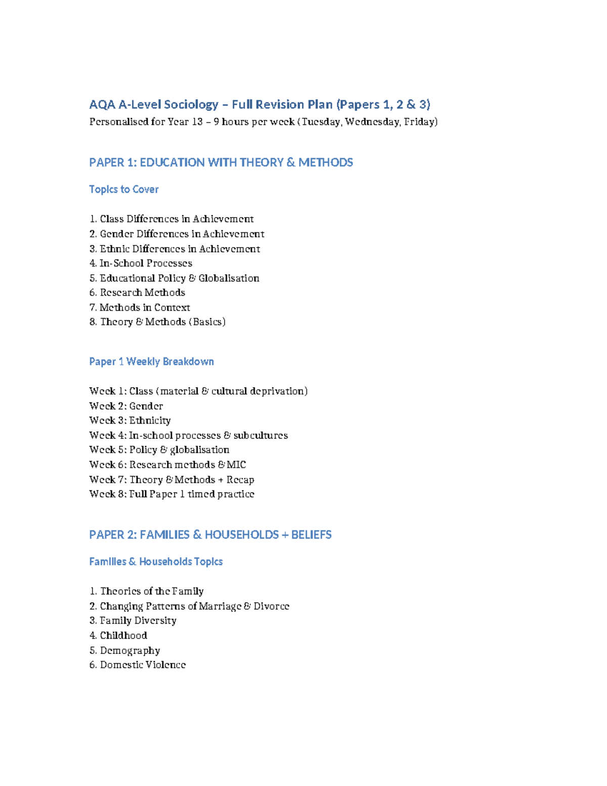 AQA Sociology Full Revision Plan for Year 13 (Papers 1, 2, 3) - Studocu