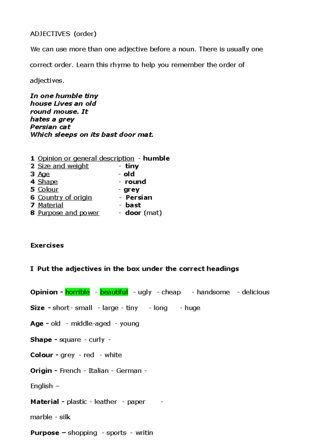 Adjective Order Exercises - Understanding Adjectives in English - Studocu