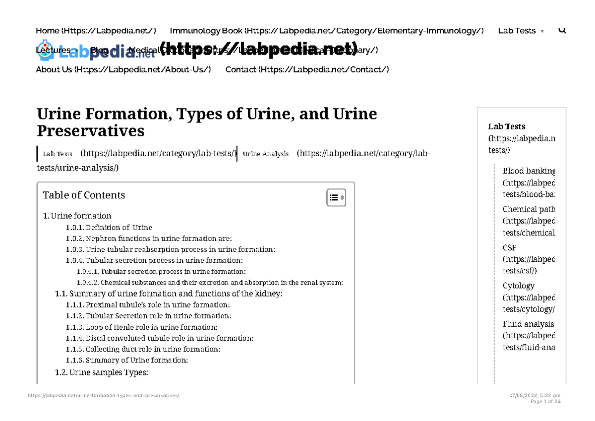 Urine Formation, Sample Types, and Preservatives Analysis - Labpedia ...