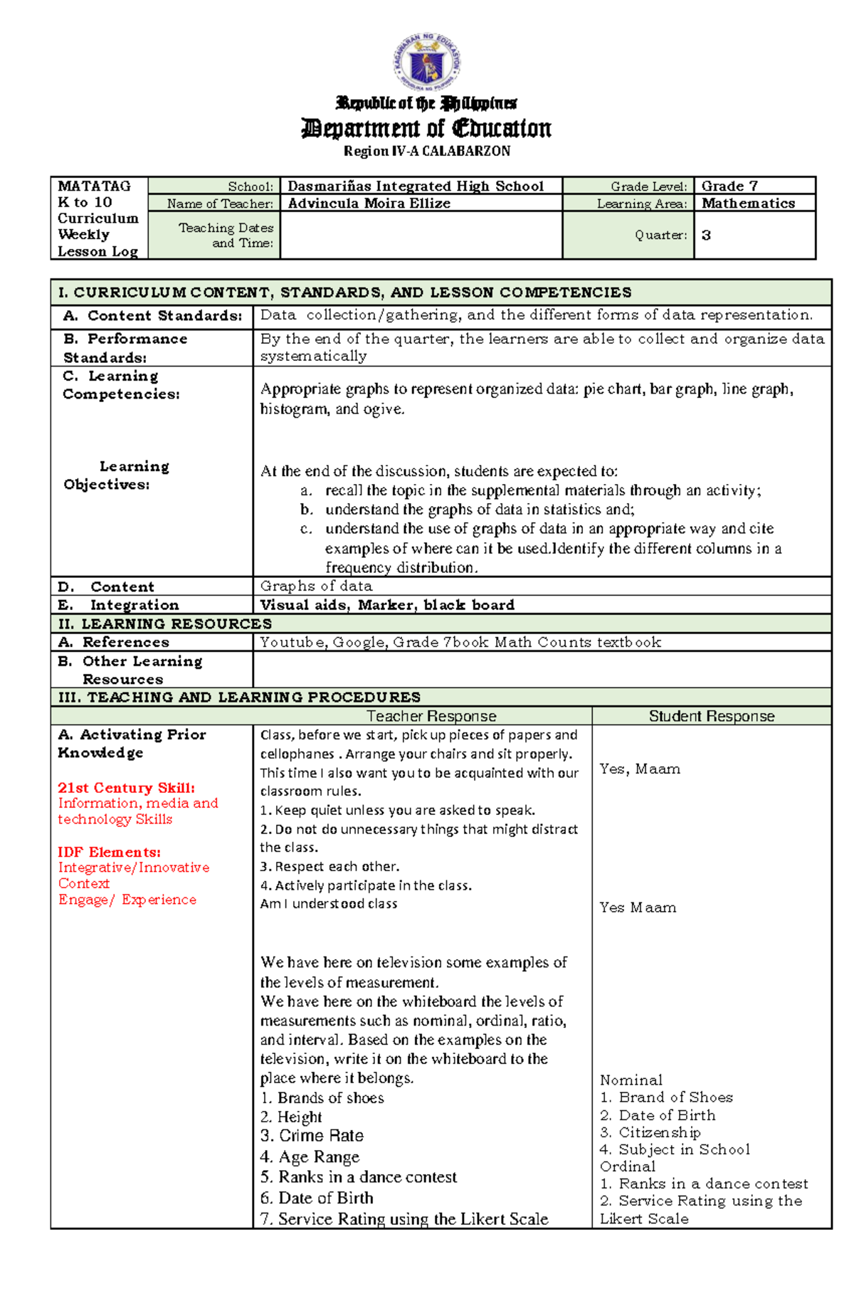Grade 7 Math DLP: Data Representation & Graphs in Statistics - Studocu