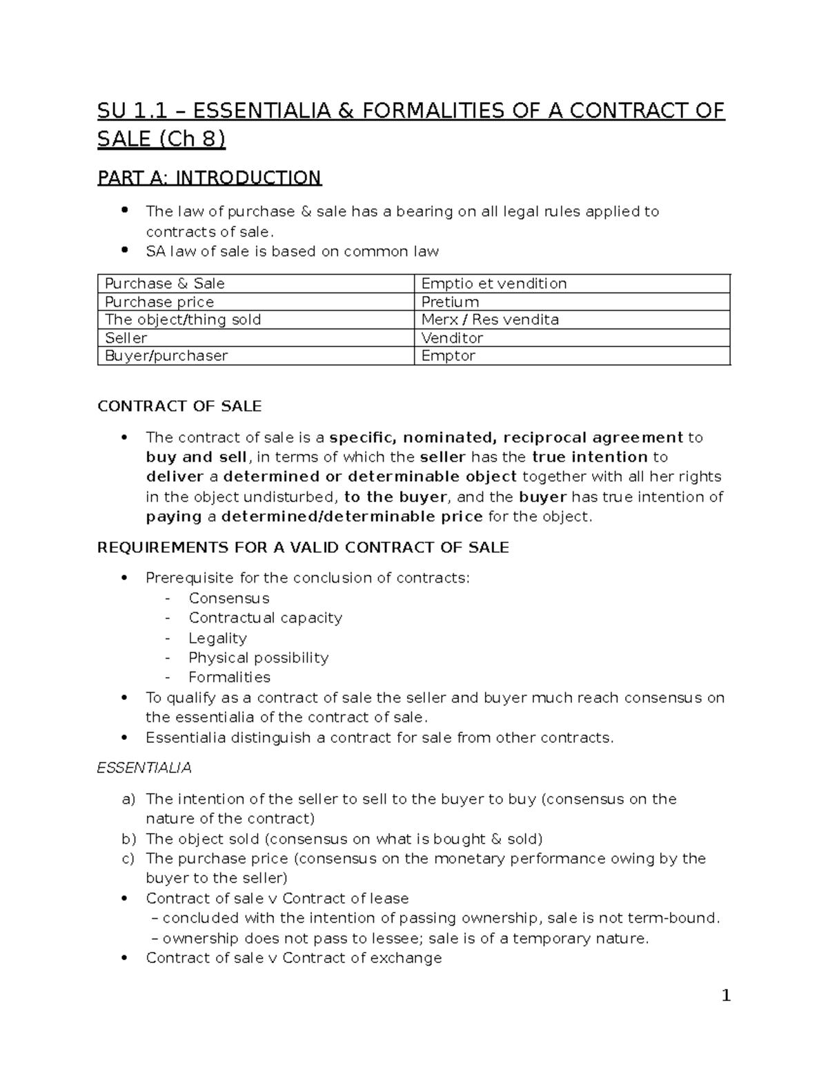 SU 1.1 CONTRACT OF SALE: ESSENTIALIA AND FORMALITIES (Ch 8) - Studocu