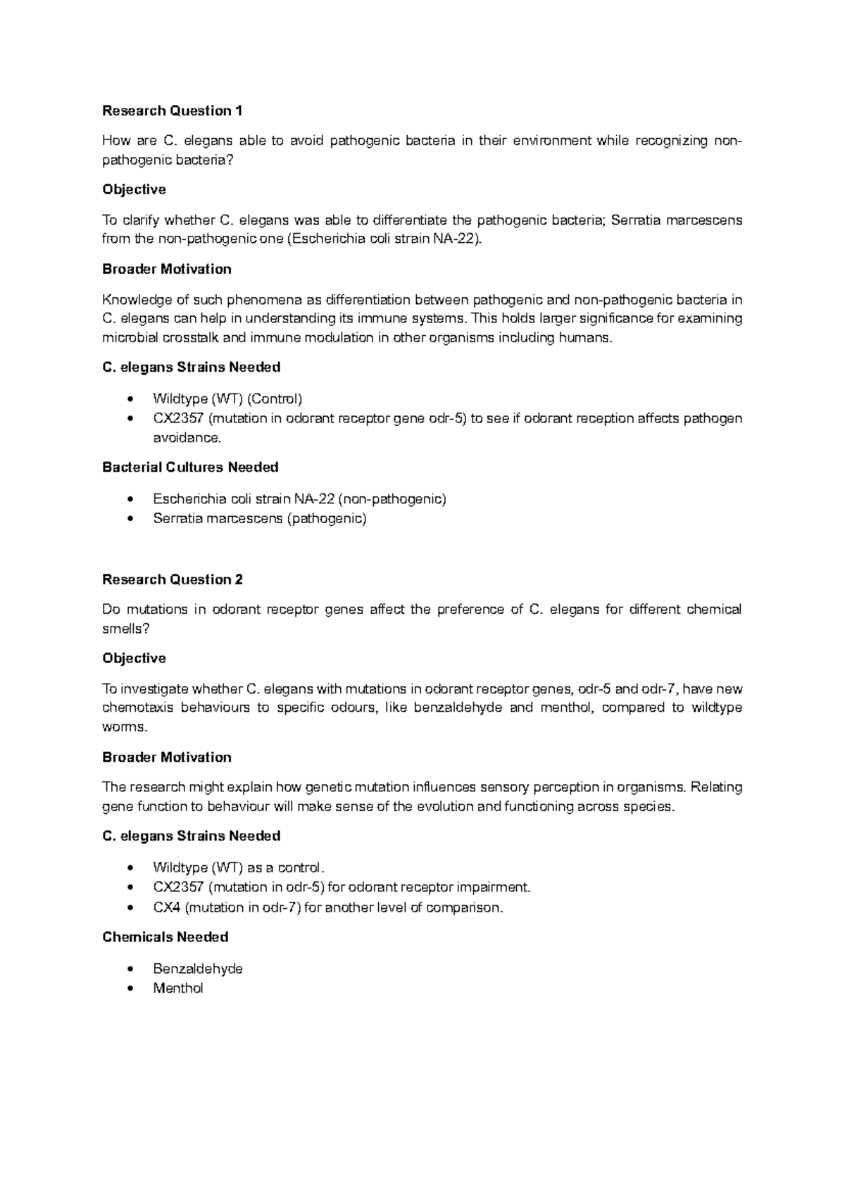 C. Elegans Study Ideas: Exploring Bacterial Avoidance and Odor ...