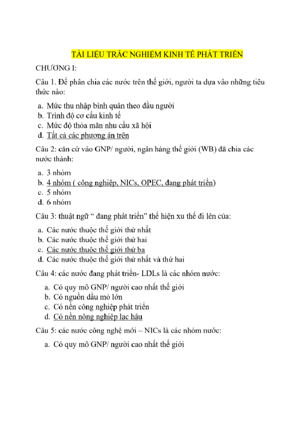 TN KTPT - Trắc nghiệm ôn tập - TÀI LIEU TRAC NGHIEM KINH TÉ PHAT TRIÉN ...