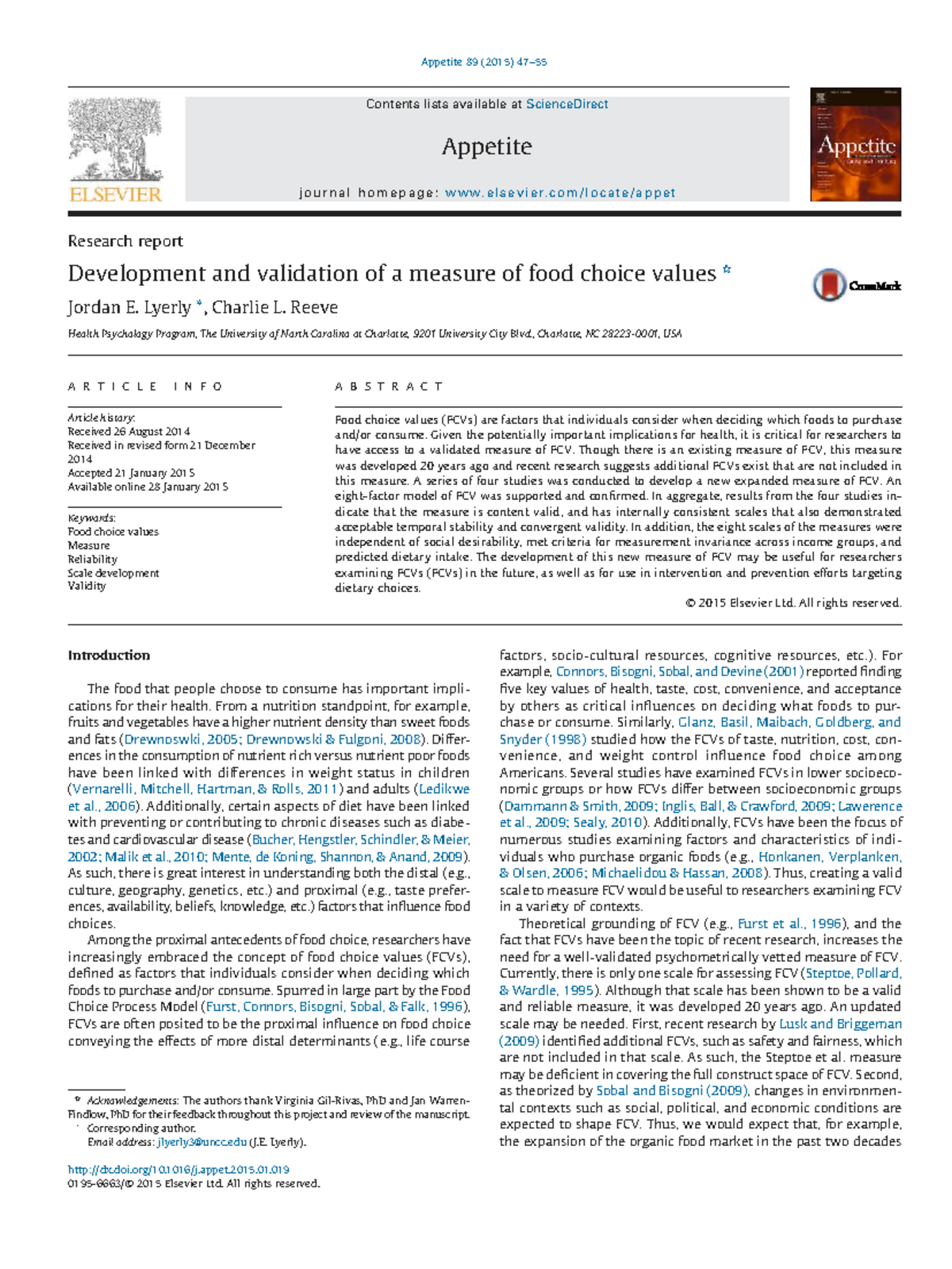 Development and Validation of a Food Choice Values Measure (PSYC 89 ...