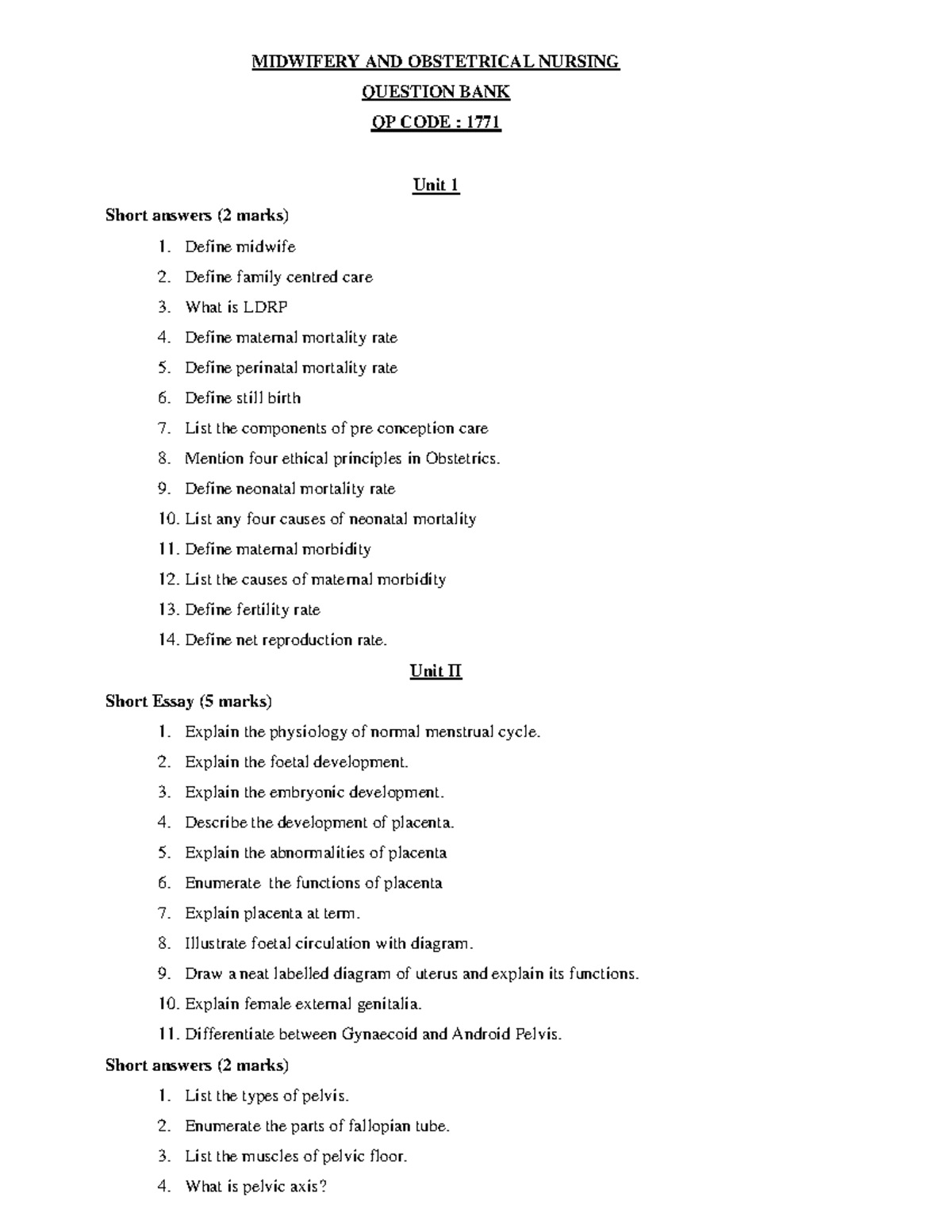 Midwifery & Obstetrical Nursing Question Bank - QP Code: 1771 - Studocu