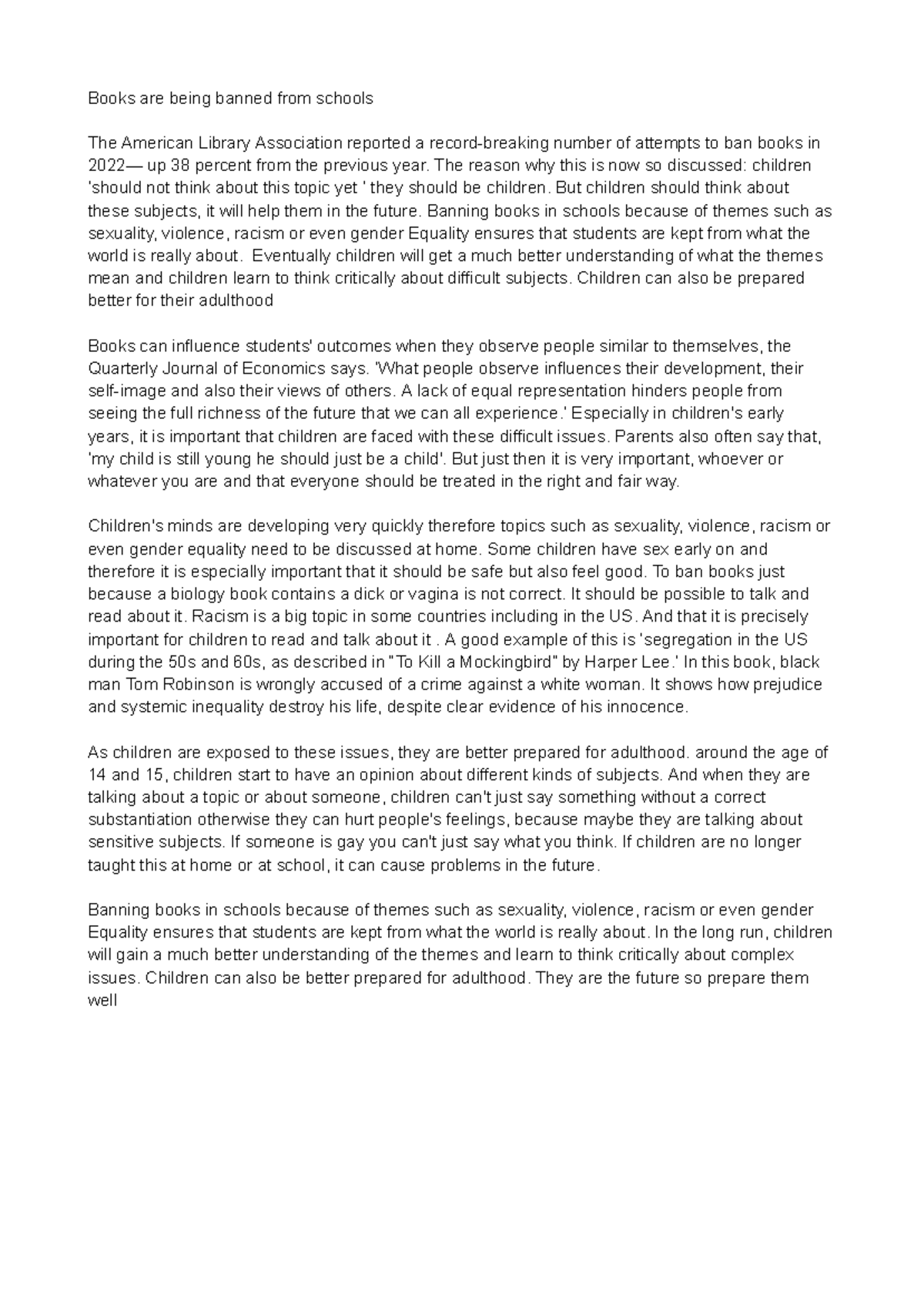 Essay: The Impact of Banning Books on Children's Awareness - Studeersnel