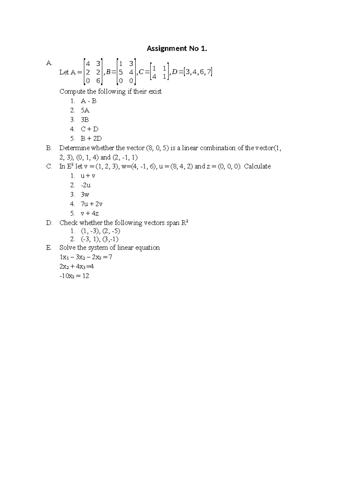 Sem 4 Assignment No 1 - Lecture Notes on Linear Algebra Concepts - Studocu