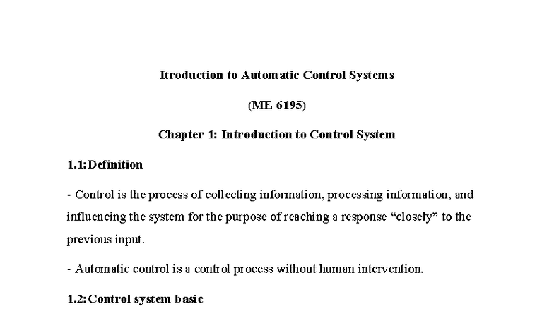 Introduction to Automatic Control Systems (ME 6195) Chapter 1 Overview ...