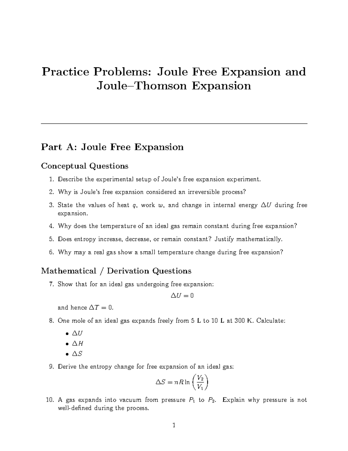 Practice Problems: Joule Free Expansion & Expansion (242 JT) - Studocu
