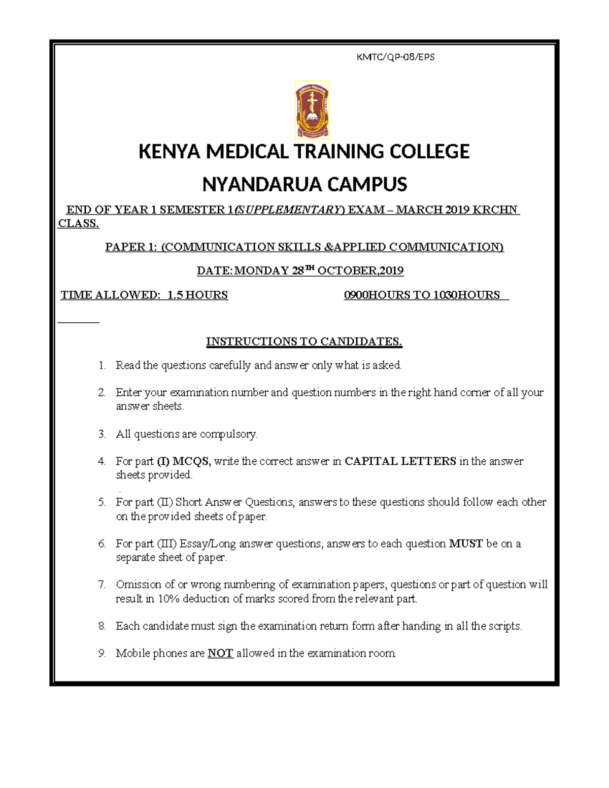 KENYA MEDICAL TRAINING COLLEGE KRCHN CLASS END OF YEAR 1 SEM 1 EXAM ...