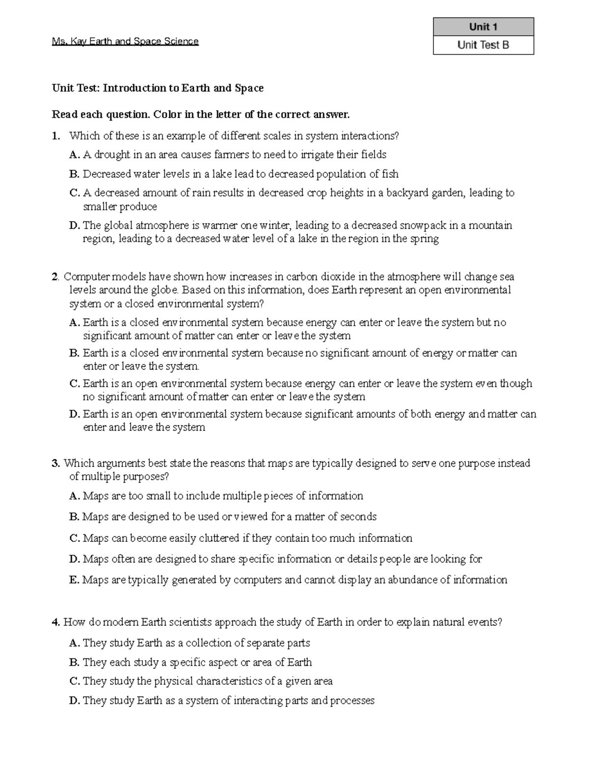 Unit Test: Introduction to Earth and Space Science (Earth Science ...
